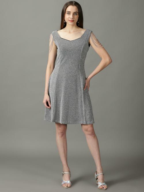 Buy SHOW OFF Women's Silver Embellished Polyester A-line Dress Online ...
