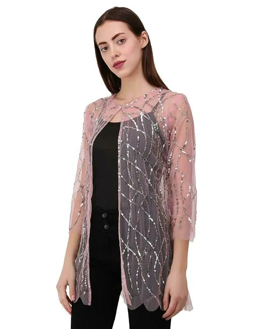 Buy UNFAKENOW Women Pink Embellished Net Shrug (S) Online at Best ...