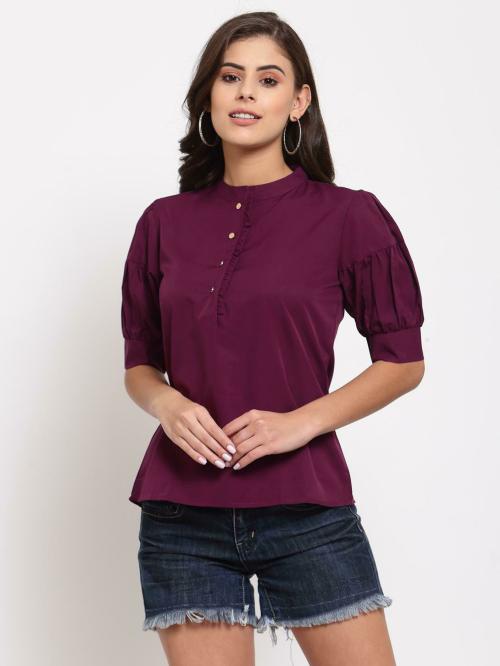 Buy Style Quotient Purple Mandarin Collar Puff Sleeves Crepe Regular ...