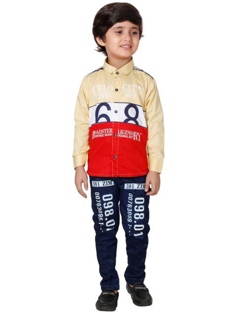 Buy Dkgf Fashion Boys Yellow Printed Cotton Blend Shirt Jeans Online at ...