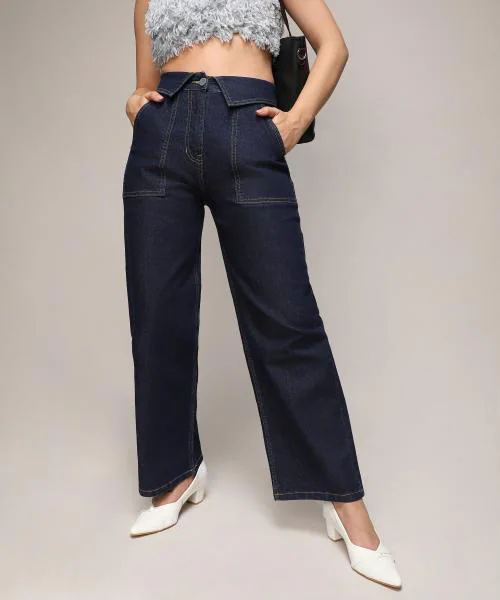 Buy Campus Sutra Women's Dark Blue Collared Denim Jeans Online at Best ...