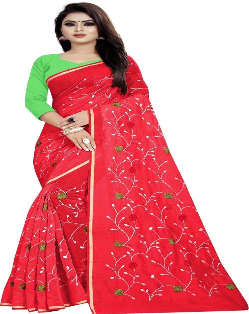 Buy Lady Raiment Embroidered Bollywood Cotton Blend Saree (Red) Online ...