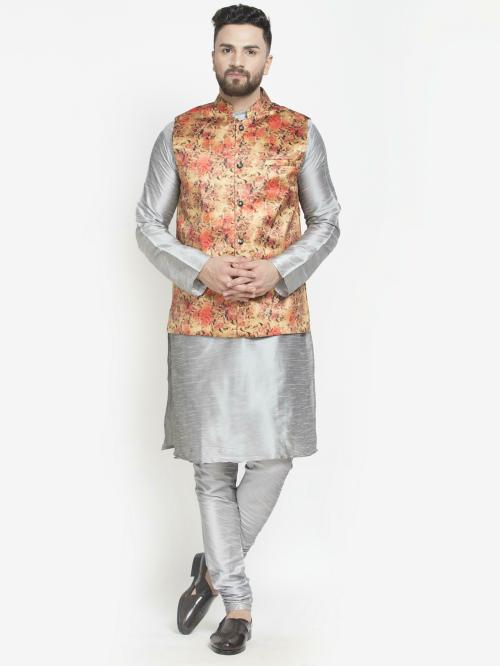 Buy Benstoke Men's Silk Blend Grey Kurta With Pyjama & Orange Printed ...