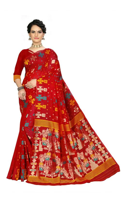 Buy NOPSE Women's Cotton Designer Jamdani Saree (Shruti Red) Online at ...