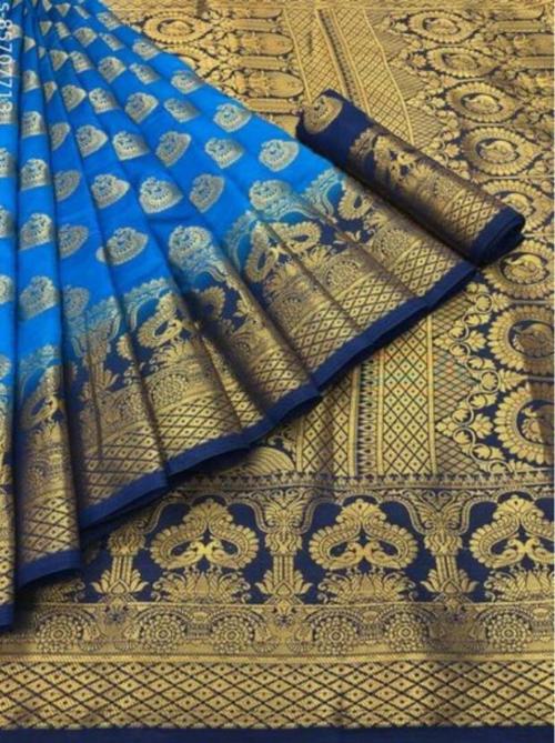 Buy Mansh the stylo..Women Dark Blue, Blue Woven Jacquard Kanjivaram ...