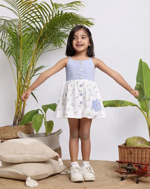 Buy Budding Bees Girls Cotton Floral Printed Dress-Blue & White Online at Best Prices in India ...