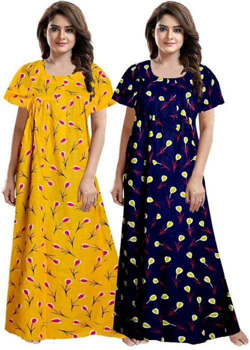 Buy Mudrika Women Yellow and Blue Printed Cotton Pack of 2 Nighty ...