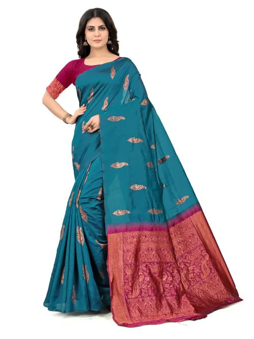 Buy Om Shantam Sarees Rama Color, Self Design Woven Banarasi Art Silk ...
