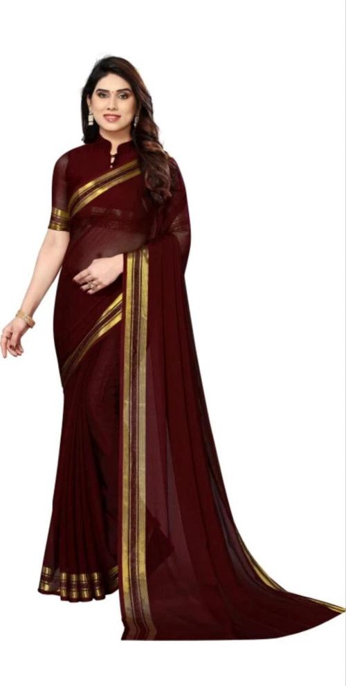 Buy GILUDI Women Brown Solid Chiffon Single Sarees And Saree Essentials ...