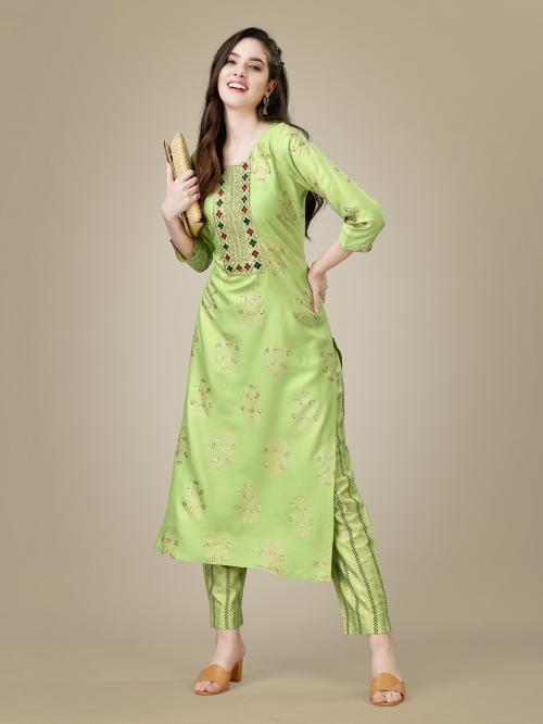 Buy ETHNIC TROVE Women Light Green Self Design Viscose Rayon Kurta And ...