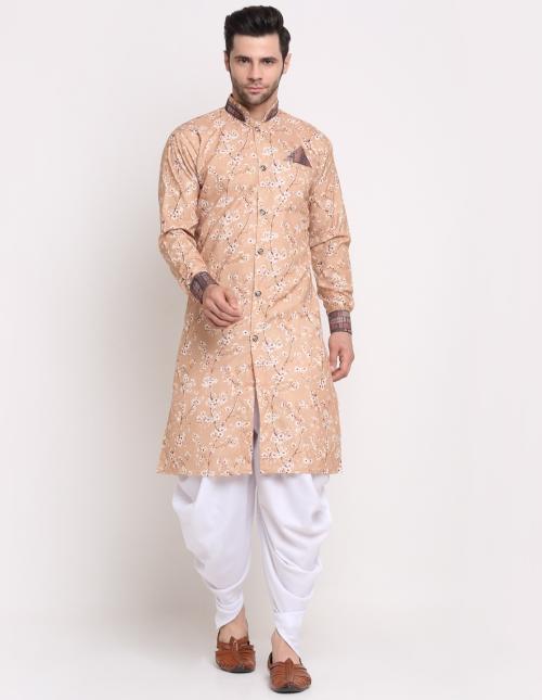 Buy Benstoke Men's Fawn & Beige Cotton Blend Printed Kurta with White ...