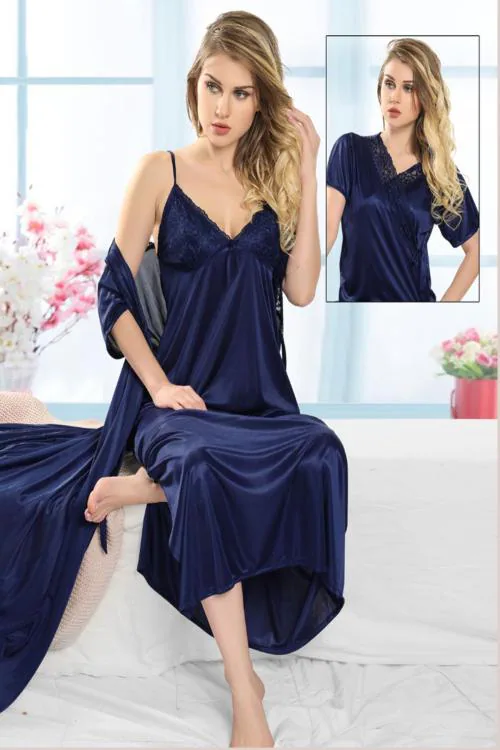 Buy Aprozone Solid Silk Fabric Blue colored Bridal Nighty Online at ...