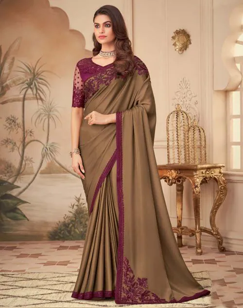 Buy Satrani Satin & Silk Beige Color Saree with Blouse piece | sarees ...
