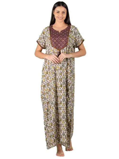 Buy Evolove Women White, Brown Viscose Liva Long Maxi Night Gown Nighty ...
