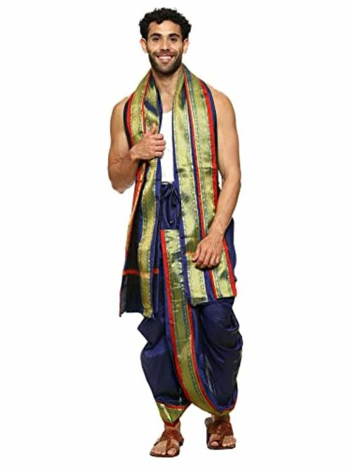 Buy Rameshwaram Fabrics Men Dark Blue Silk Dhoti with Stole Set Online at Best Prices in India ...