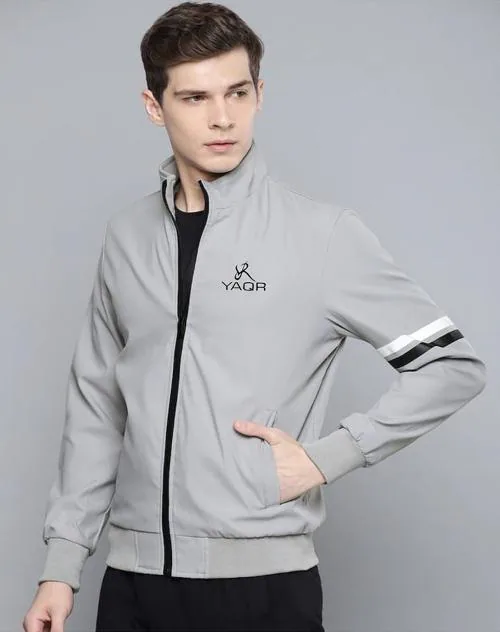 Buy YAQR Men Grey Nylon Striped Wind Cheater Jacket Online at Best ...