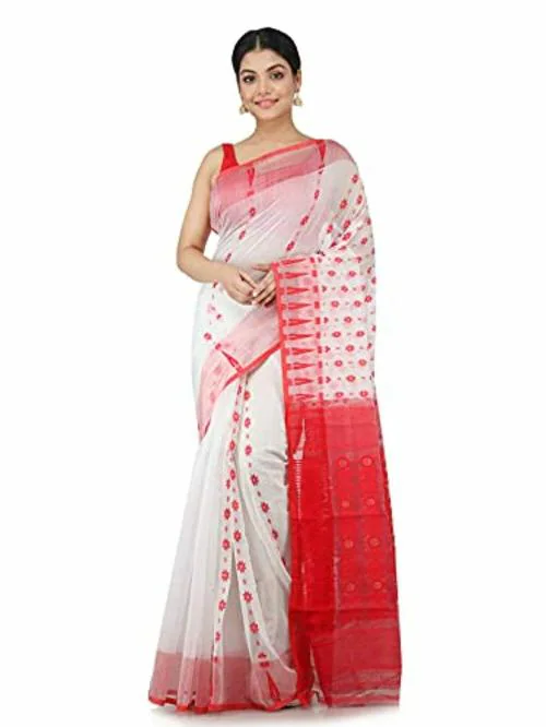 Buy PinkLoom Women White and Red Handloom Pure Cotton Jamdani Saree Without Blouse Piece Online ...