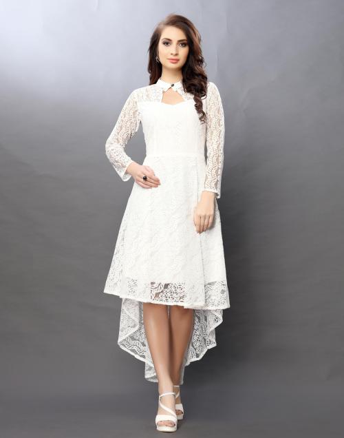 Buy HEMANG FASHION Women White Self Design Net High Low Dress (M ...