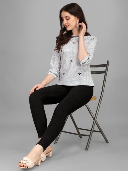 Buy Shree Sheetal Fashion & Art Women's Mirror Worked Hip Length Cotton Blend Top (Grey) Online ...