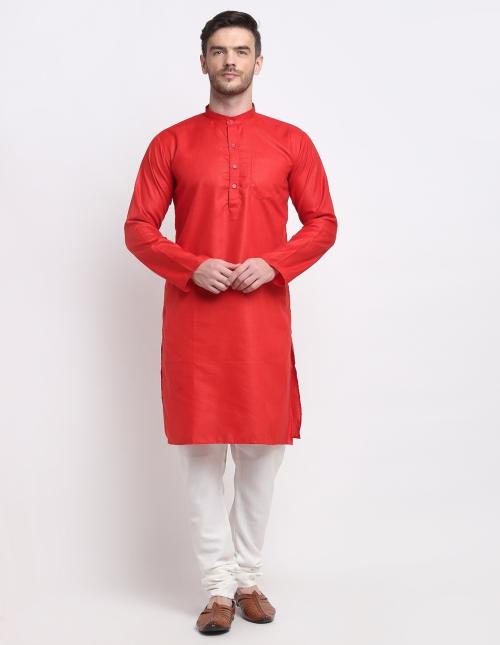 Buy Benstoke Men's Red & White Cotton Solid Kurta With Churidaar Set ...