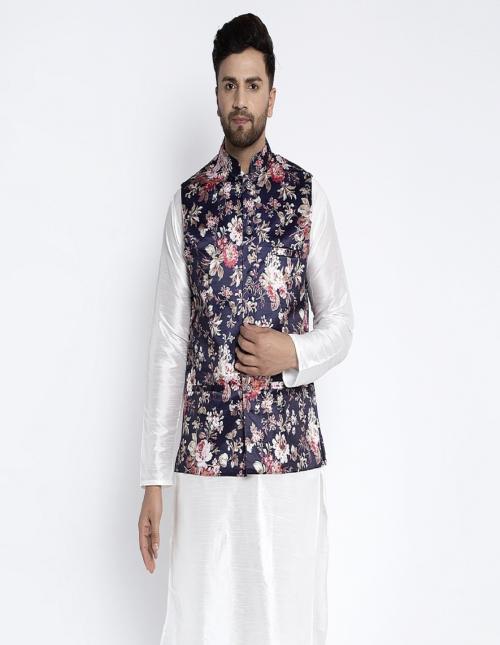 Buy Benstoke Men's Navy Blue & Multi Silk Blend Printed Nehru Jacket ...