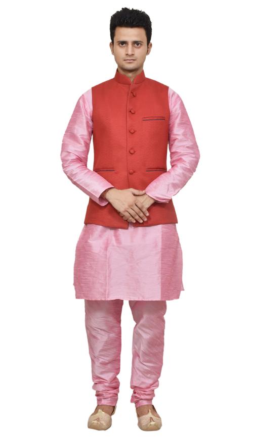 Buy HFP Men's Pink Matching Silk Kurta Churidhar With Red Joot ...