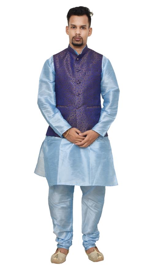Buy HFP Men's Copper Gold silk Kurta Gold Churidhar With Sky Blue Joot ...