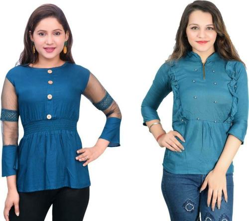 Buy Fikroo Girls Blue Solid Cotton Blend Top 12 - 13 Years (Pack of 2 ...