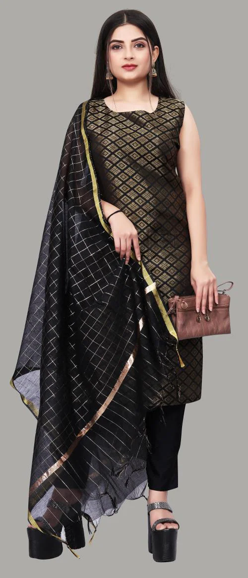 Buy Eilara Women's Silk Blend Black Straight Kutra, Pant with Dupatta ...