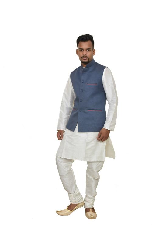 Buy HFP Men's White Matching silk Kurta Churidhar With Navy Blue Joot ...