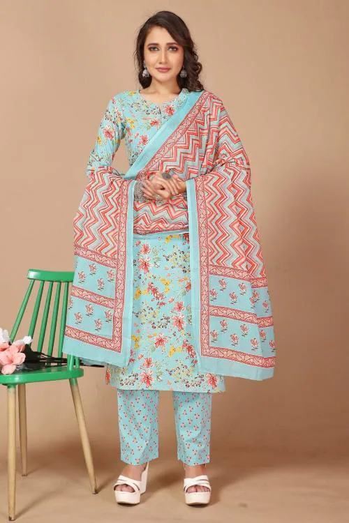 Buy PASIKA Premium Cotton Printed Kurta and Pant Set With Dupatta - Blue ( L ) Online at Best ...