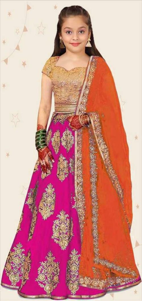 Buy DIZVU Girls Pink Embroidered Satin Ghagra, Choli and Dupatta Set ...