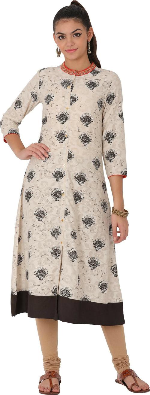 Buy Span Women Beige Floral Print Cotton Blend A-Line Kurta Online at ...