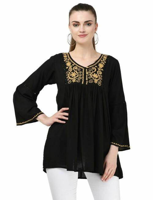 Buy SAAKAA Women's Rayon Black Embroidery Top Online at Best Prices in ...
