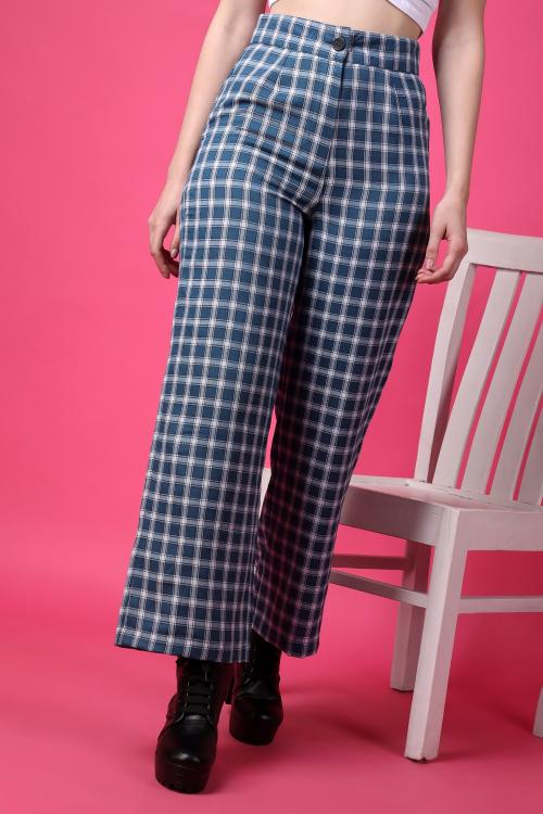 Buy Popwings Women Teal Blue Checkered Formal Trouser | Straight Fit ...