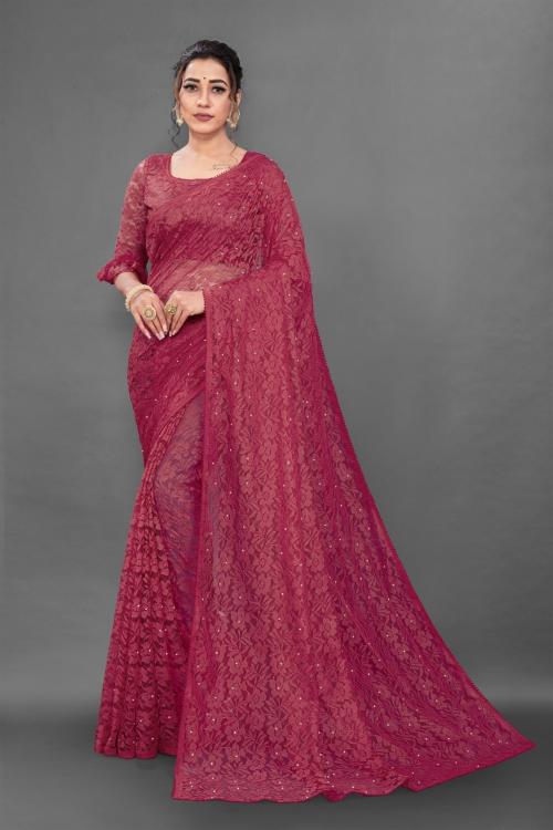 Buy Fashion Field Women Maroon Self Design Net Saree with Unstitched ...