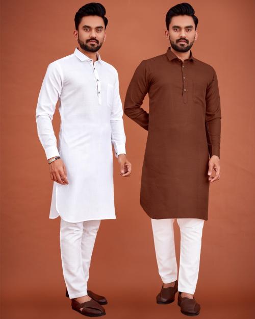 Buy Allan Peter Men Brown and White Solid Cotton Blend Straight Kurta ...