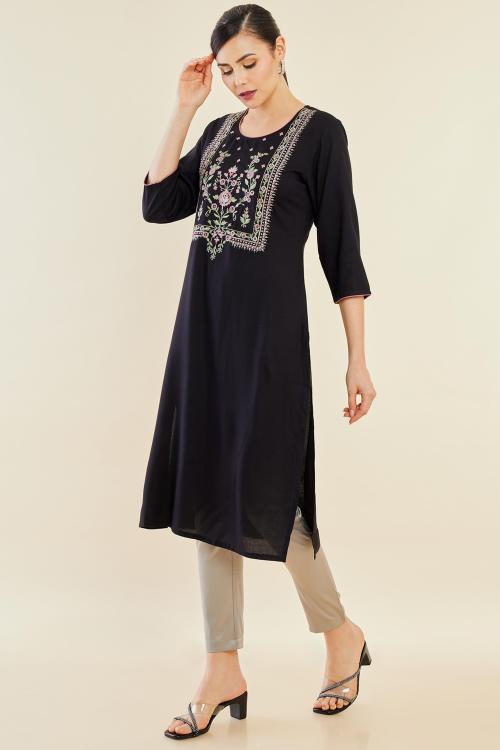 Buy Soch Women Black Rayon Embroidered Straight Kurta With Floral ...