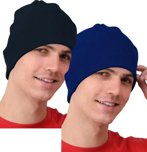 Buy The Blazze Men Blue, Dark Blue Lycra Rib Skull Cap (Pack Of 2 ...