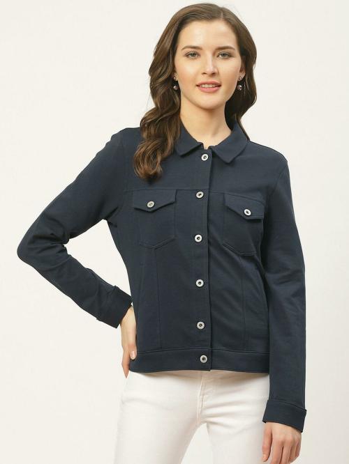 Buy Style Quotient Women Navy Blue Solid Slim Fit Lightweight Shacket ...