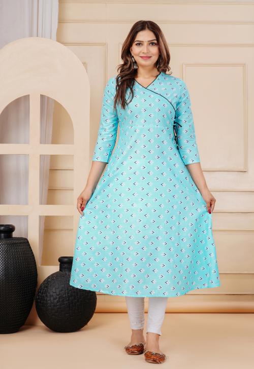 Buy VANKAR PRINTED PURE COTTON ANGRAKHA KURTA - LIGHT BLUE Online at ...