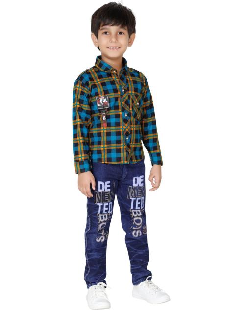 Buy Dkgf Fashion Boys Green Self Design Cotton Blend Shirt Jeans Online ...