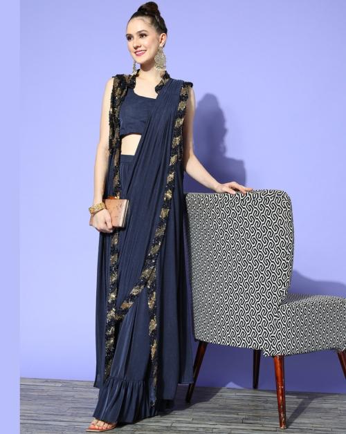 Buy Chhabra 555 Pre - Stitched Draped Navy Blue Ruffles Lycra Saree ...