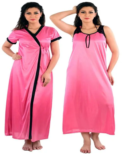 Buy Women's Night Dress and Nighties Pink Satin Nightwear 2pc Robe ...