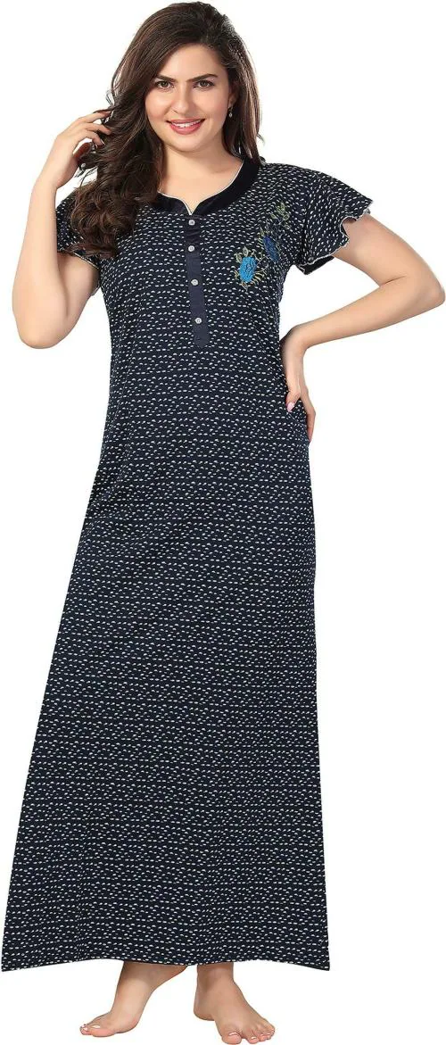Buy Be You Women Navy Blue Printed Cotton Blend Nighty Online at Best ...