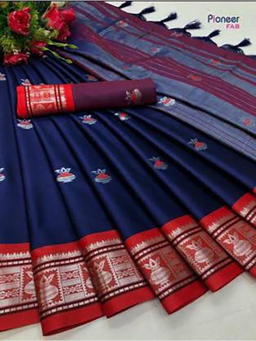 Buy Marabout Women Navy Blue Cotton Silk Banarasi Saree Online at Best ...