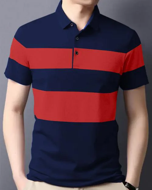 Buy Gespo Navy Blue & Red Colorblocked Polo Neck Half Sleeve Casual T ...