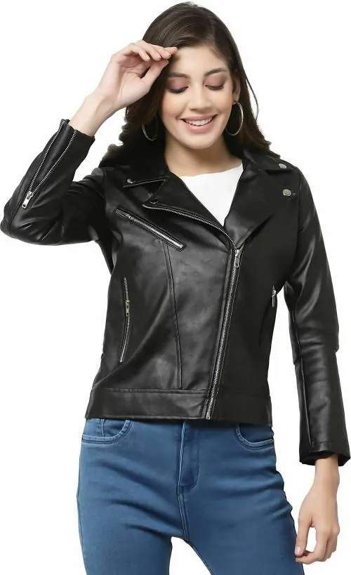 Buy PREEGO Women Black Solid Leather Biker Jacket Online at Best Prices in India - JioMart.