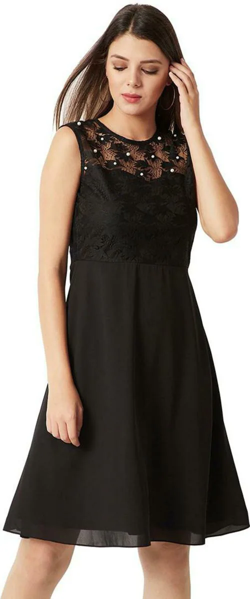 Buy Miss Chase Women Black Solid Georgette Single Dress Online at Best ...