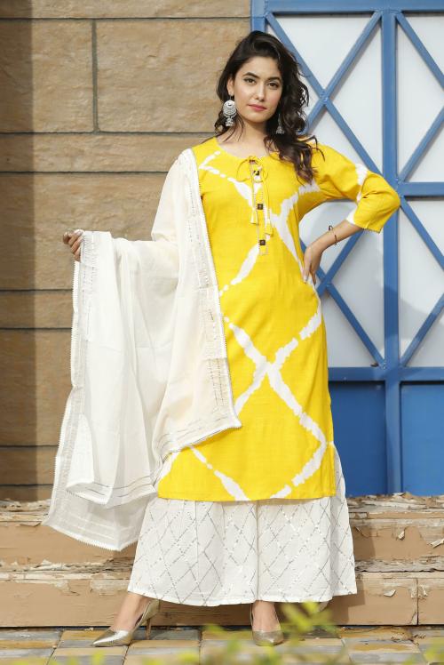 Buy DORIYA Women Yellow Printed Rayon Suit Set Online at Best Prices in ...